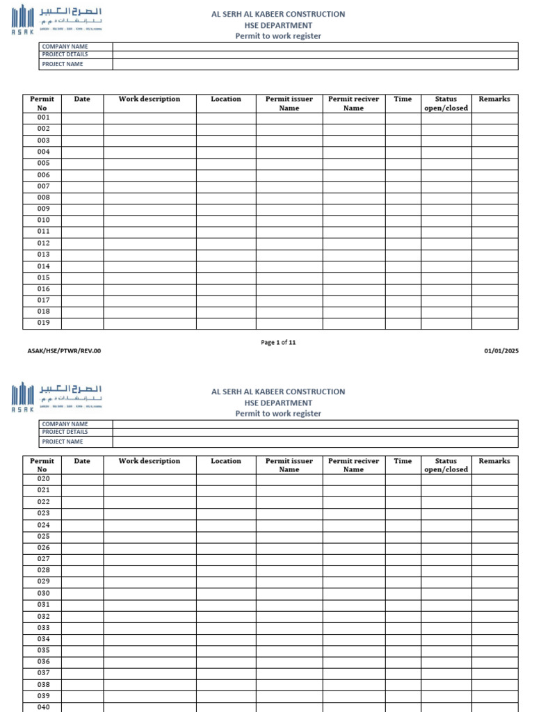 Permit to work Register | PDF
