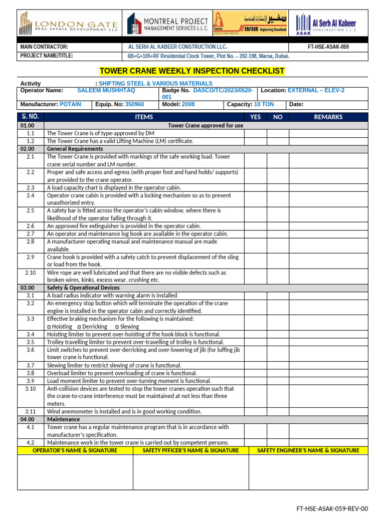 Tower Crane Pre-Operational Checklist-Ext-Rev | PDF | Crane (Machine ...