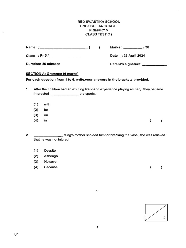 P5_English_WA1_2024_RedSwastika_Exam_Papers | PDF