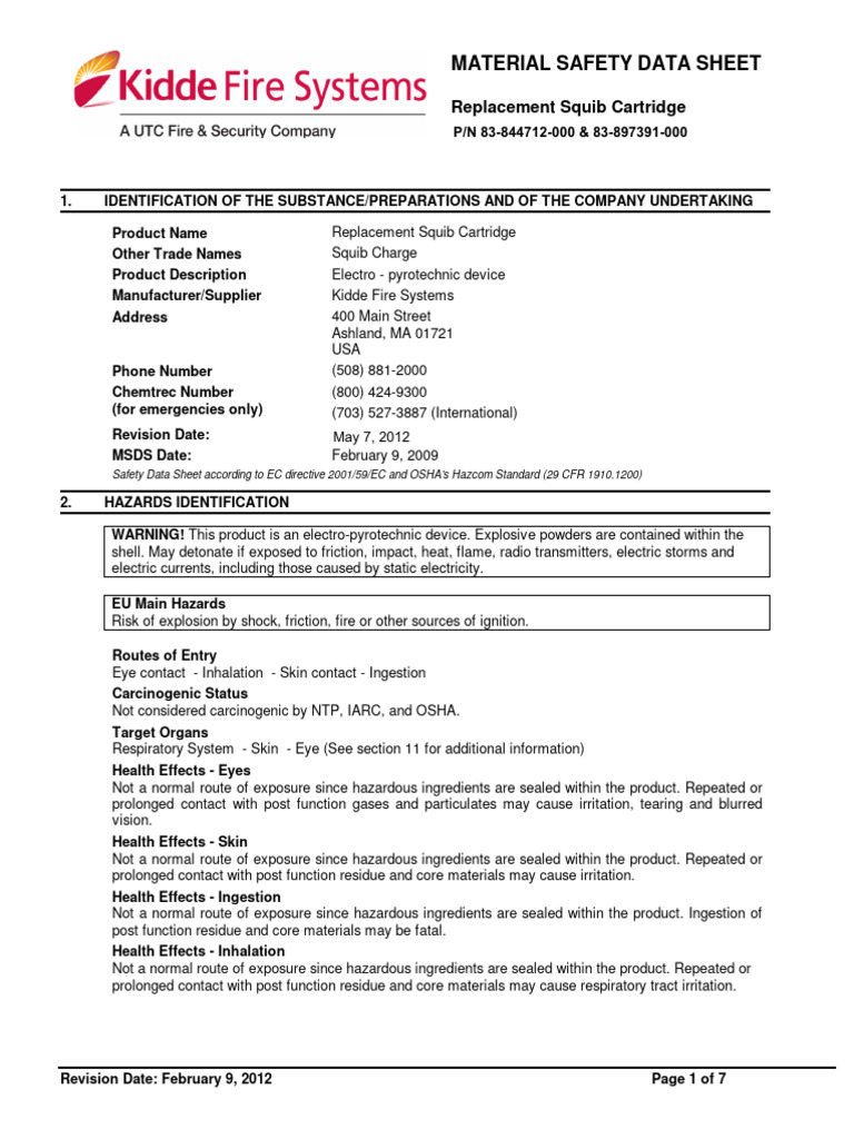 MSDS 222A2 Kidde Fire Systems - ReplacementSquibCartridge | PDF | Safety | Occupational Safety ...