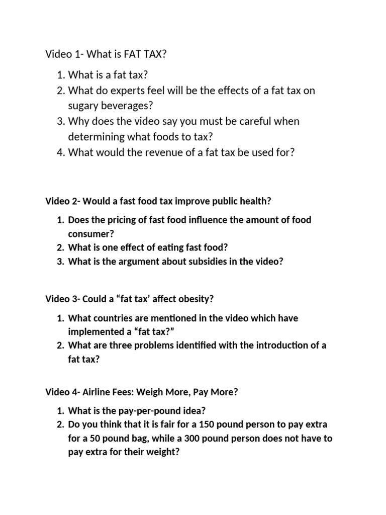 Fat Tax Obesity Worksheet | PDF