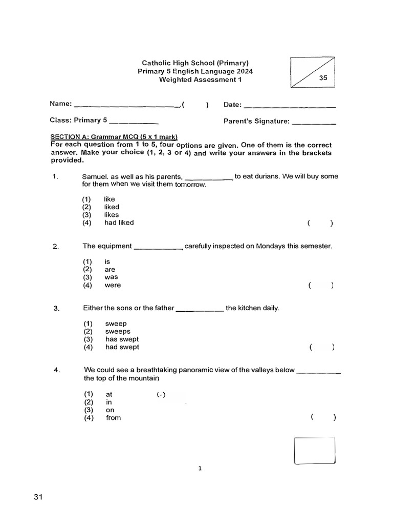 P5 English WA1 2024 CatholicHigh Exam Papers | PDF