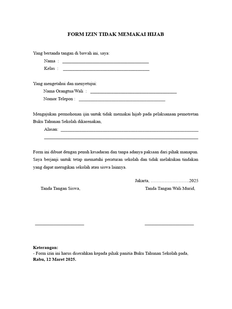 Form Izin Tidak Memakai Hijab | PDF