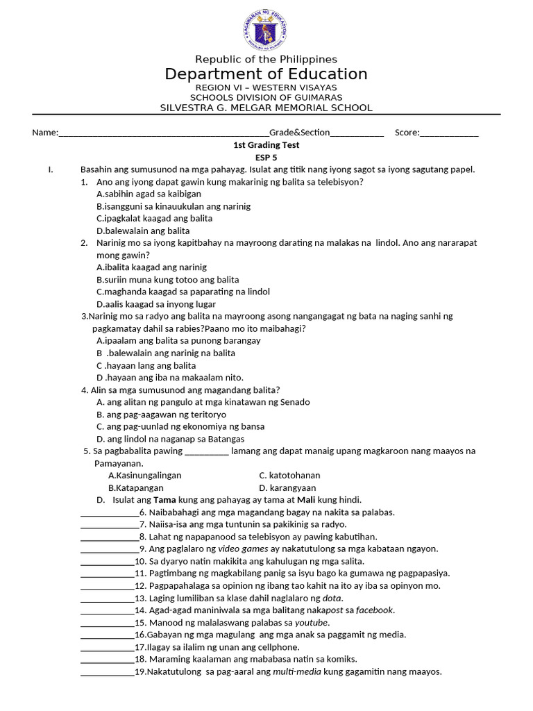 1st Grading Test G 5 2024-2025 | PDF