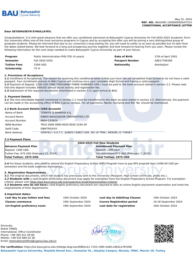 Conditional Admission to BAU Cyprus University | PDF | Tuition Payments ...