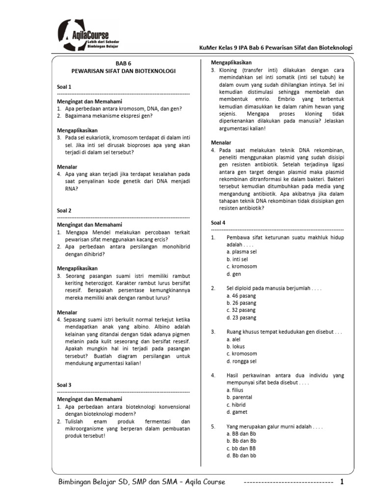 Kelas 9 IPA Bab 6 Pewarisan Sifat Dan Bioteknologi Kumer 2022 | PDF