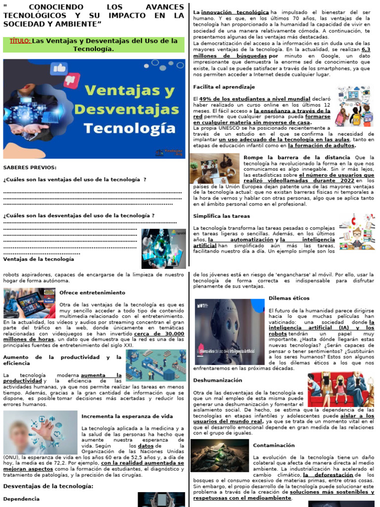 FICHA N°02-U5-5° Las Ventajas y Desventajas Del Uso de La Tecnologia ...