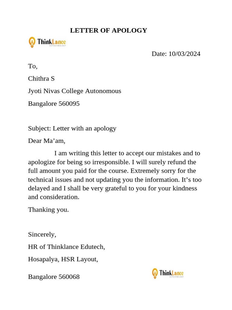 Letter of Apology | PDF