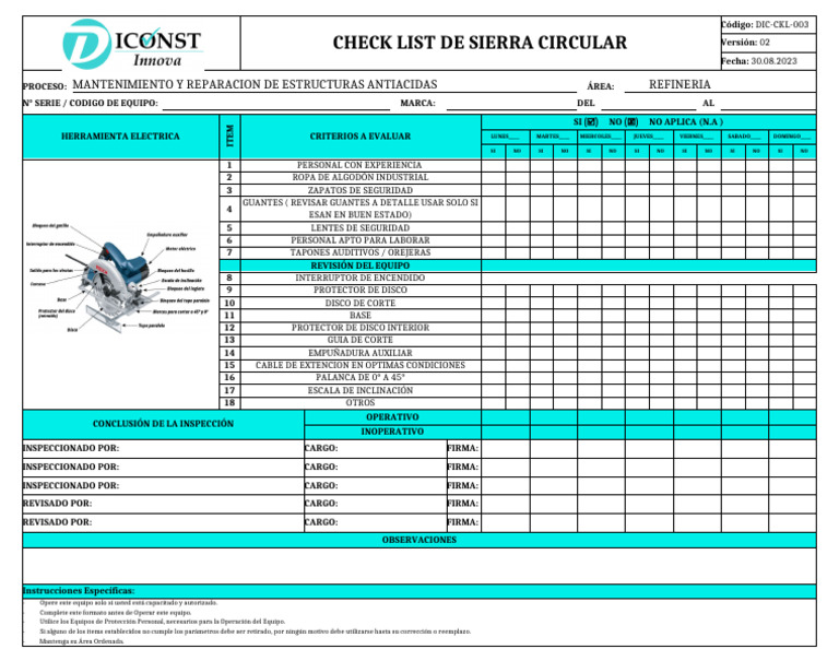 DIC-CKL-003 Check List de Sierra Circular | PDF