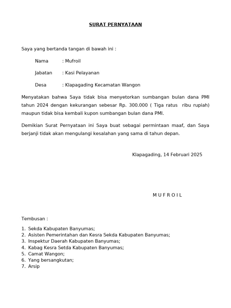 Surat Pernyataan Sumbangan PMI 2024 | PDF
