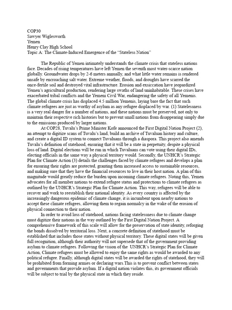NAIMUN Position Paper - COP30 Yemen - Topic A | PDF | Refugee | United Nations High Commissioner ...