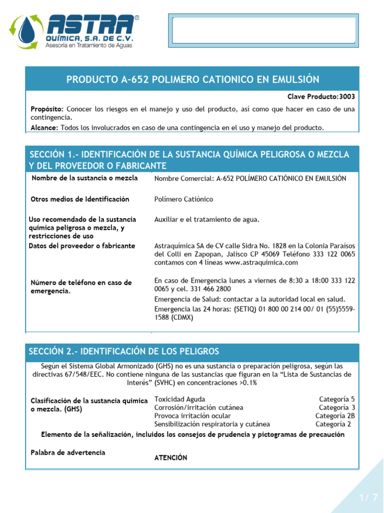 HDS - A-652 Polimero Cationico en Emulsion 2022 | PDF