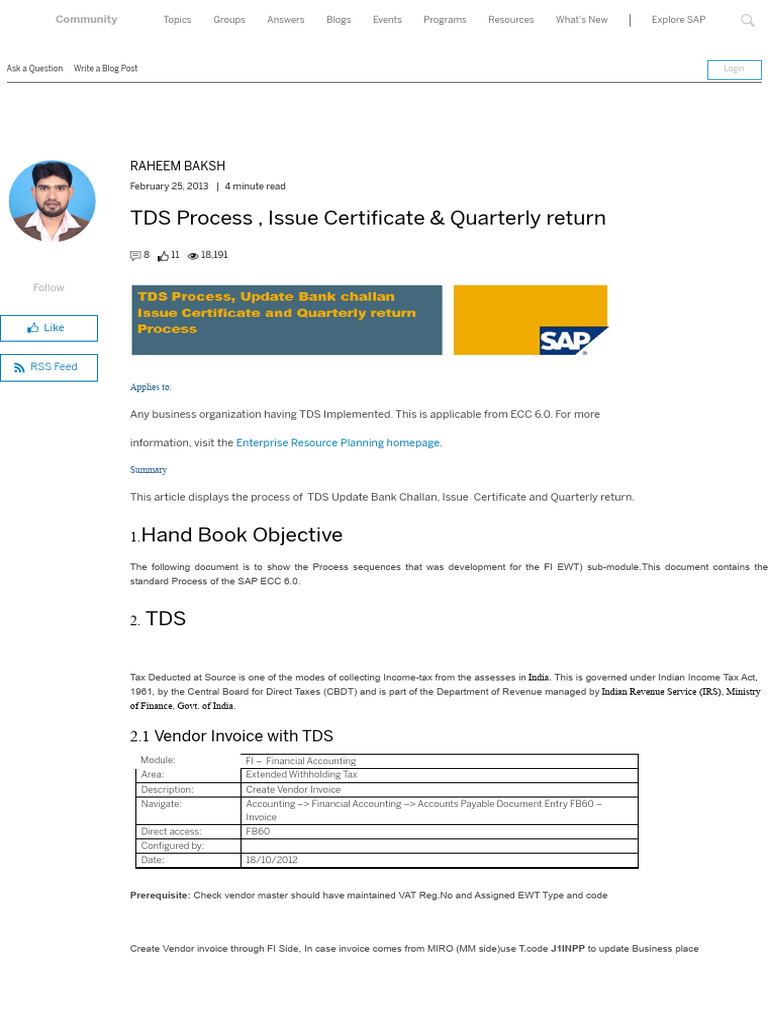 TDS Process, Issue Certificate & Quarterly Return - SAP Blogs | PDF ...