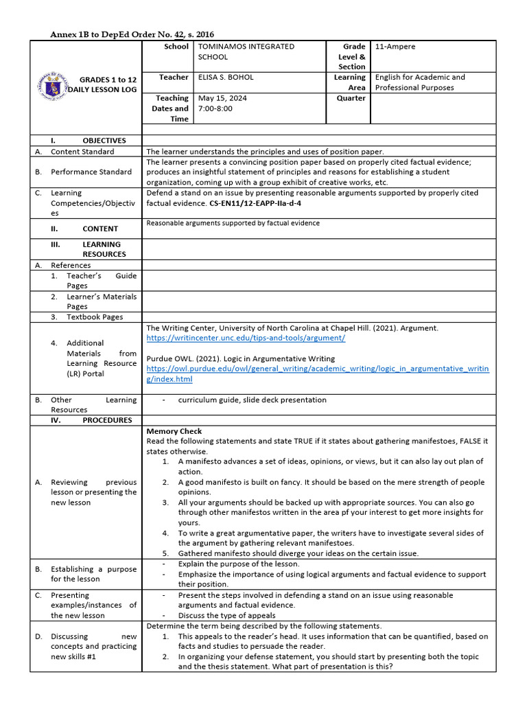Lesson 4_ EAPP_defending a Stand on an Issue | PDF | Argument | Learning