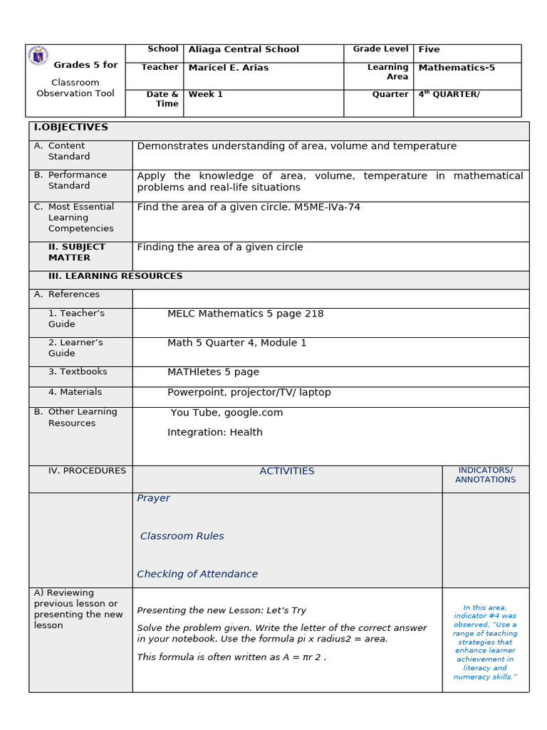 Math 5 Q4 w1 - Finding The Area of A Given Circle-F | PDF | Lesson Plan ...