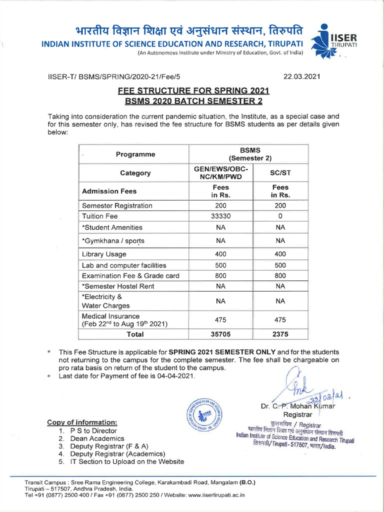 Fee Structure Spring 2021 BSMS Sem2 | PDF