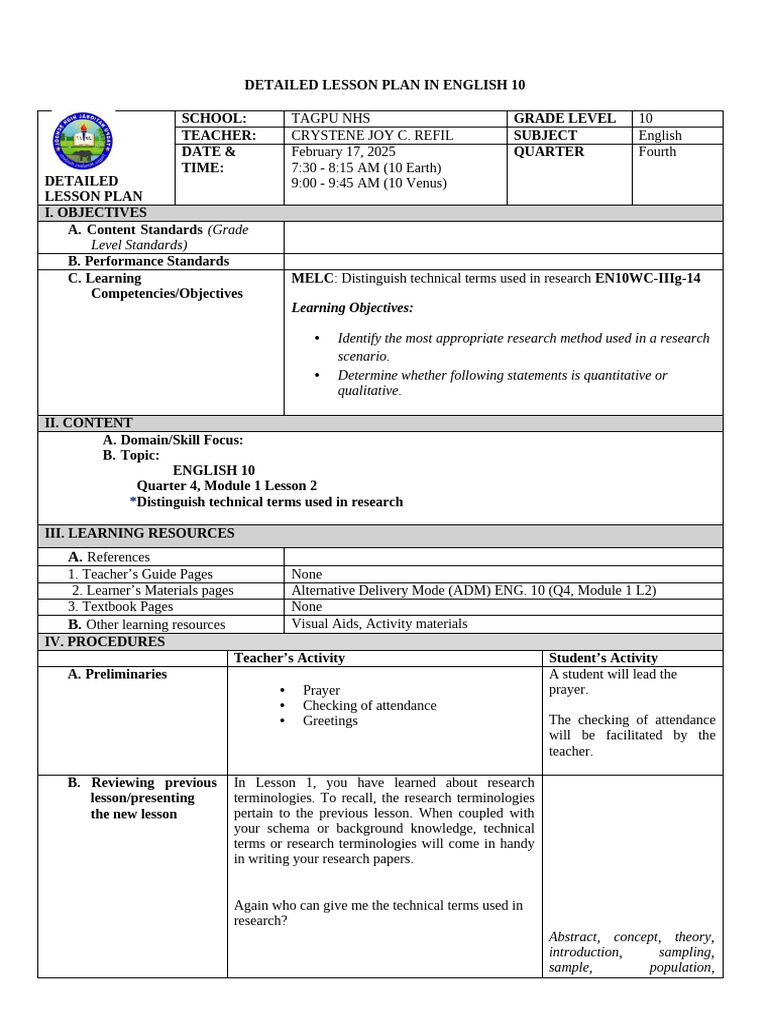 Q4 Lesson Plan M1 L2 032423 095001 | PDF | Methodology | Quantitative Research