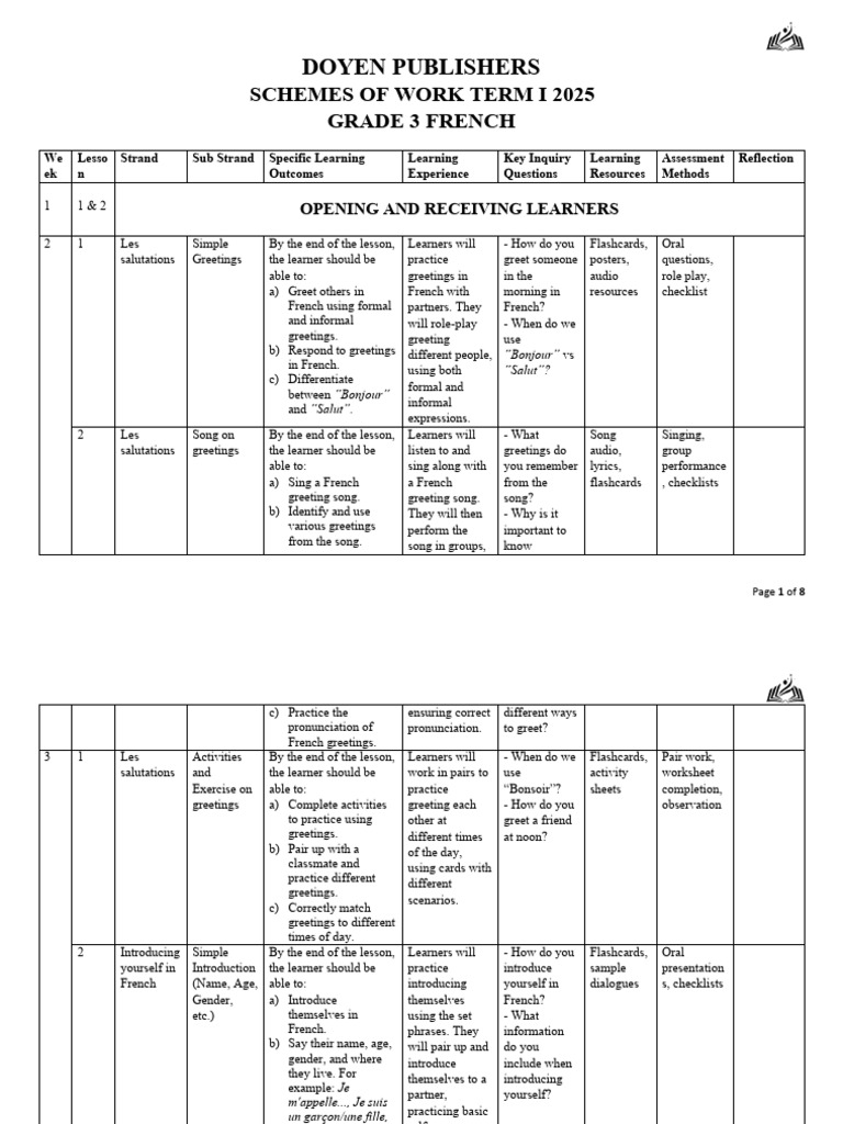 Grade 3 French Scheme of Work Term 1 | PDF | Plural | Grammatical Gender