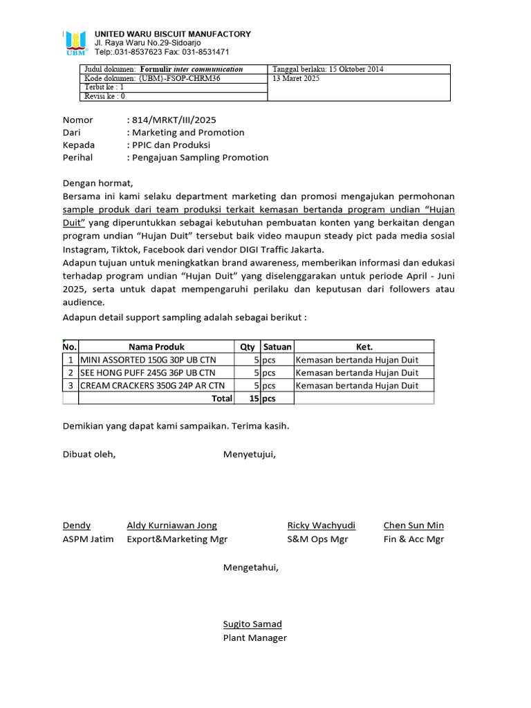 Pengajuan Sample Produk Hujan Duit | PDF