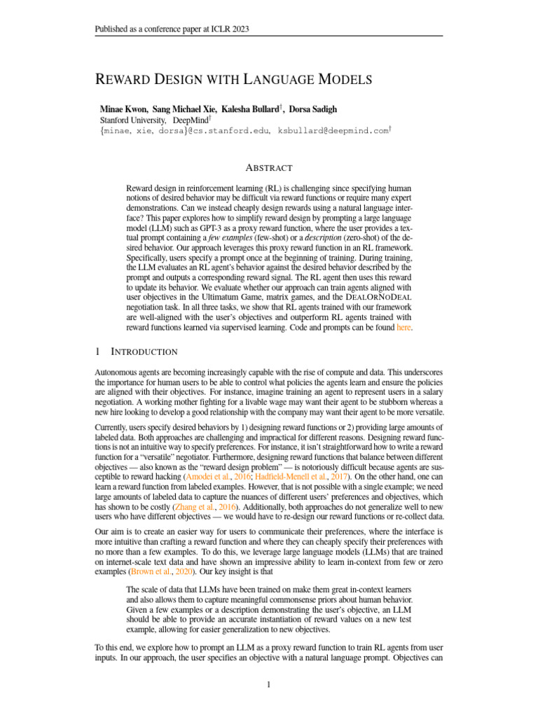 REWARD DESIGN WITH LANGUAGE MODELS | PDF | Parsing | Cognitive Science