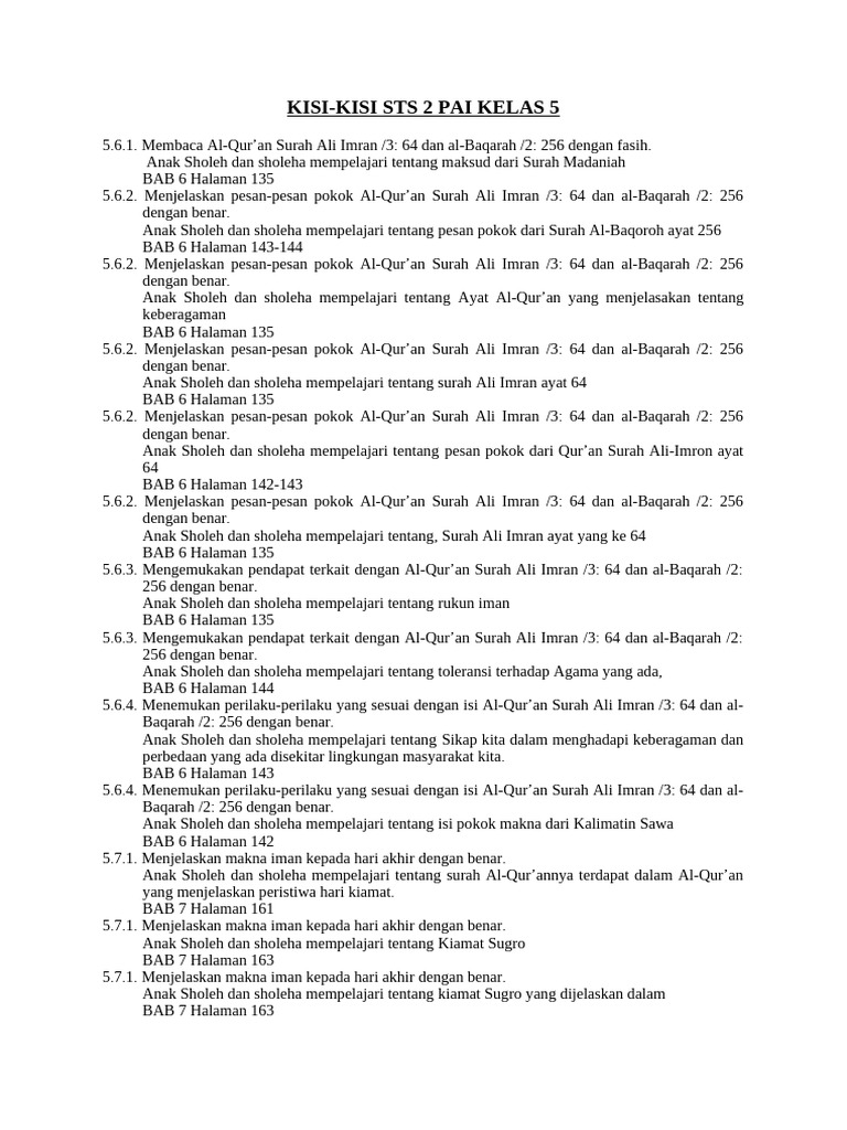 Kisi-Kisi STS 2 Pai Kelas 5 | PDF