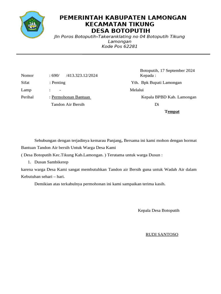 PERMOHONAN BANTUAN Tandon AIR BERSIH bpbd | PDF