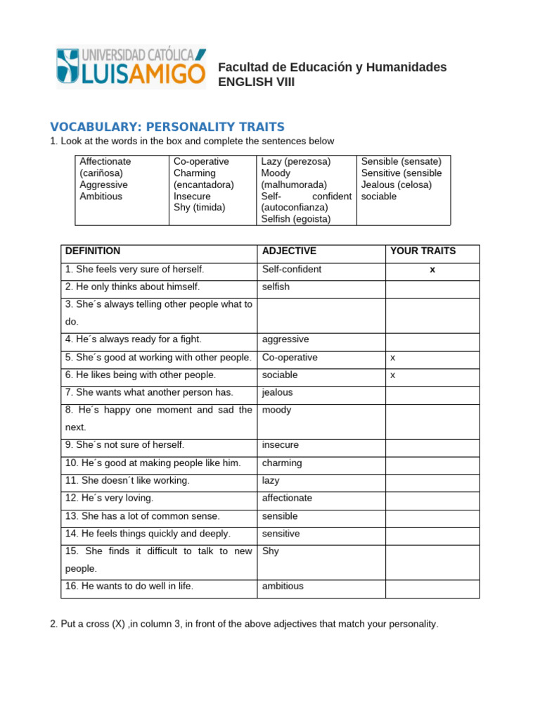 Personality Traits Vocabulary Guide | PDF | Psychology | Psychological ...
