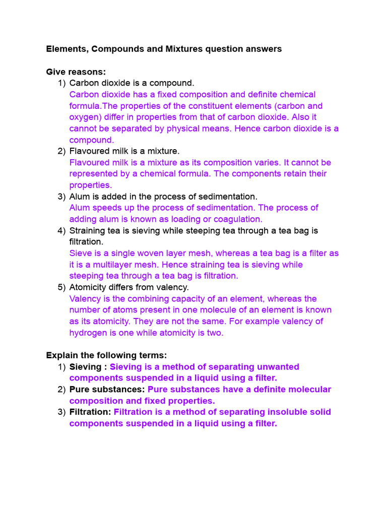 Elements, Compounds and Mixtures Question and Answers 2023-24 | PDF ...