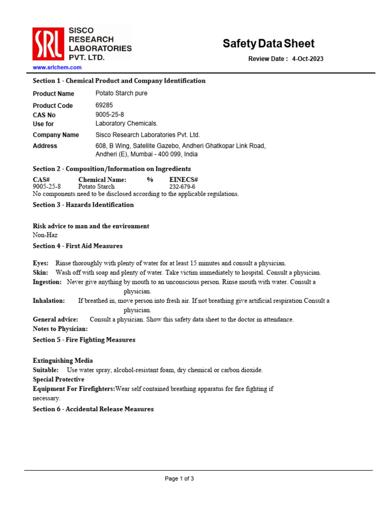 Potato Starch Safety Data Sheet | PDF | Occupational Safety And Health ...