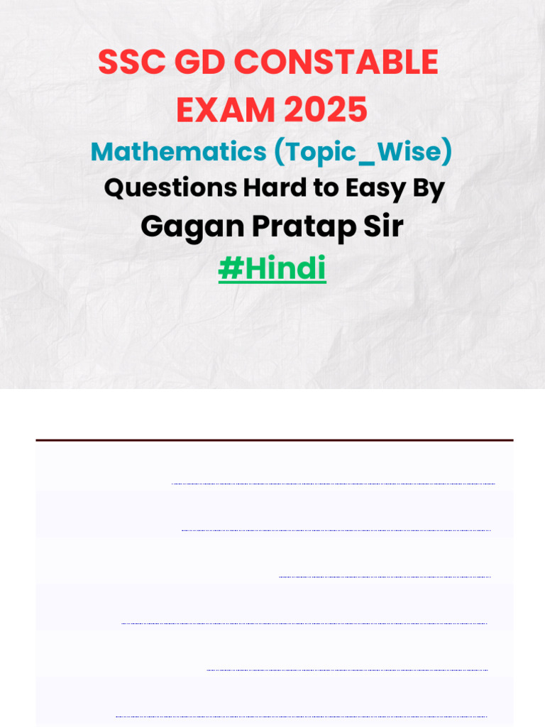 SSC GD 2025 Mathematics TopicWise Hard To Easy (Hindi) | PDF