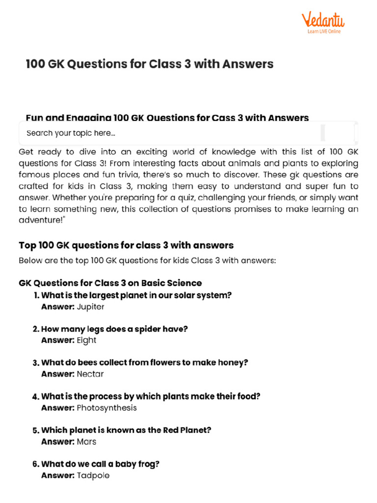 100 GK Questions For Class 3 With Answers | PDF