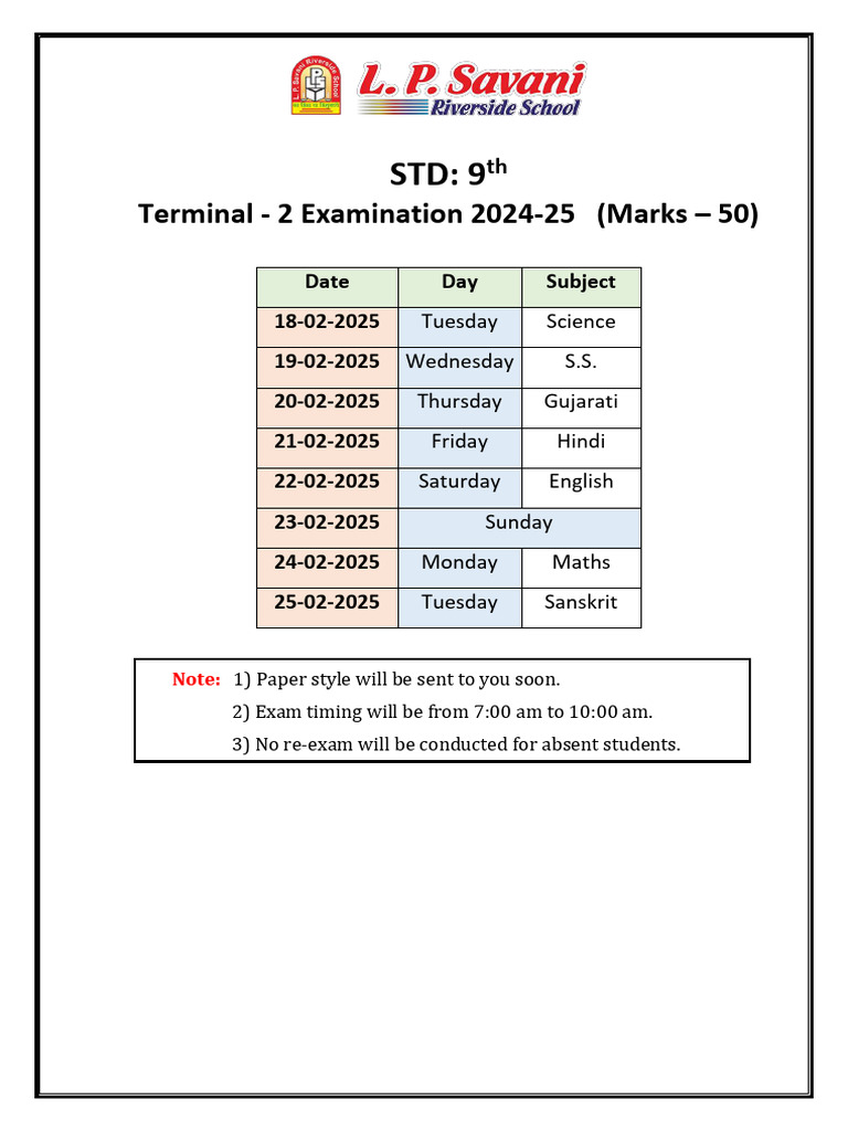 (STD-9) Terminal - 2 Time Table 2024-25 - Compressed | PDF
