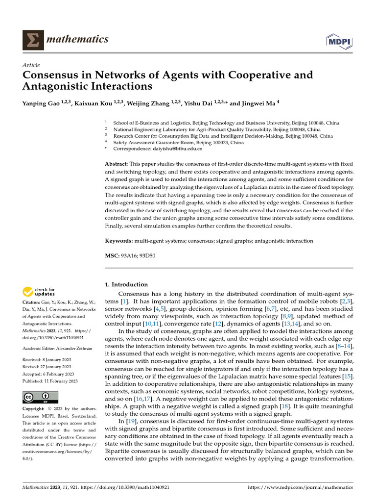 Consensus in Networks of Agents with Cooperative and antagonistic interaction | PDF | Vertex ...