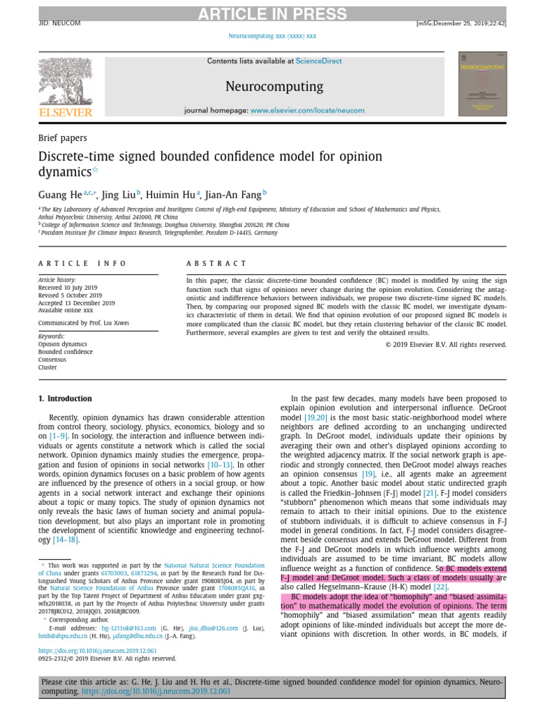 Discrete Time Signed Bounded Confidence Model of Opinion Dynamics | PDF ...