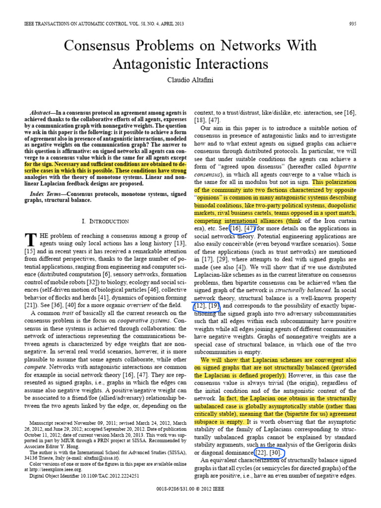 Consensus Problems On Networks With Antagonistic Interactions | PDF | Matrix (Mathematics) | Algebra