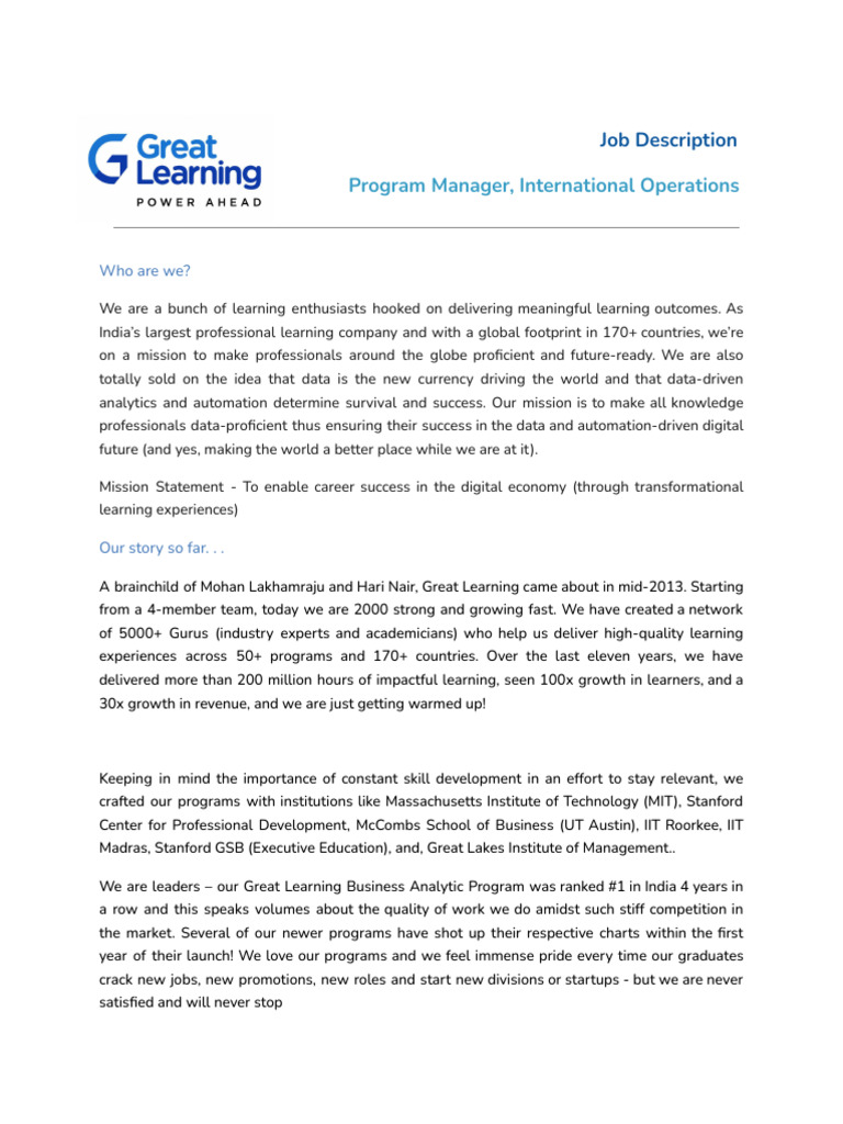 Great Learning - Job Description - Program Manager - Jan25 v10.0 | PDF ...