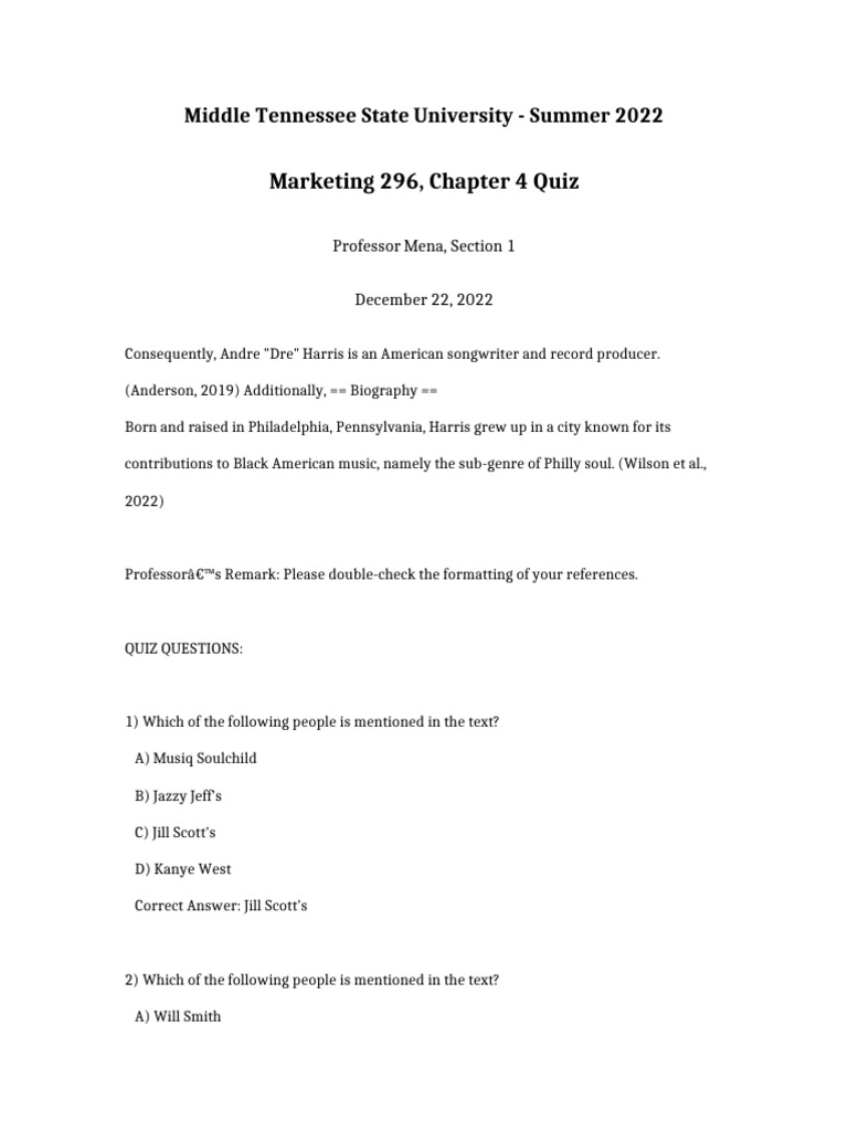 Marketing 296 Chapter 4 Quiz | PDF