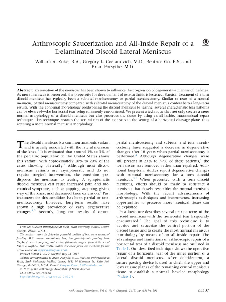 14 Arthroscopic Saucerization and All Inside Repair of A Delaminated ...