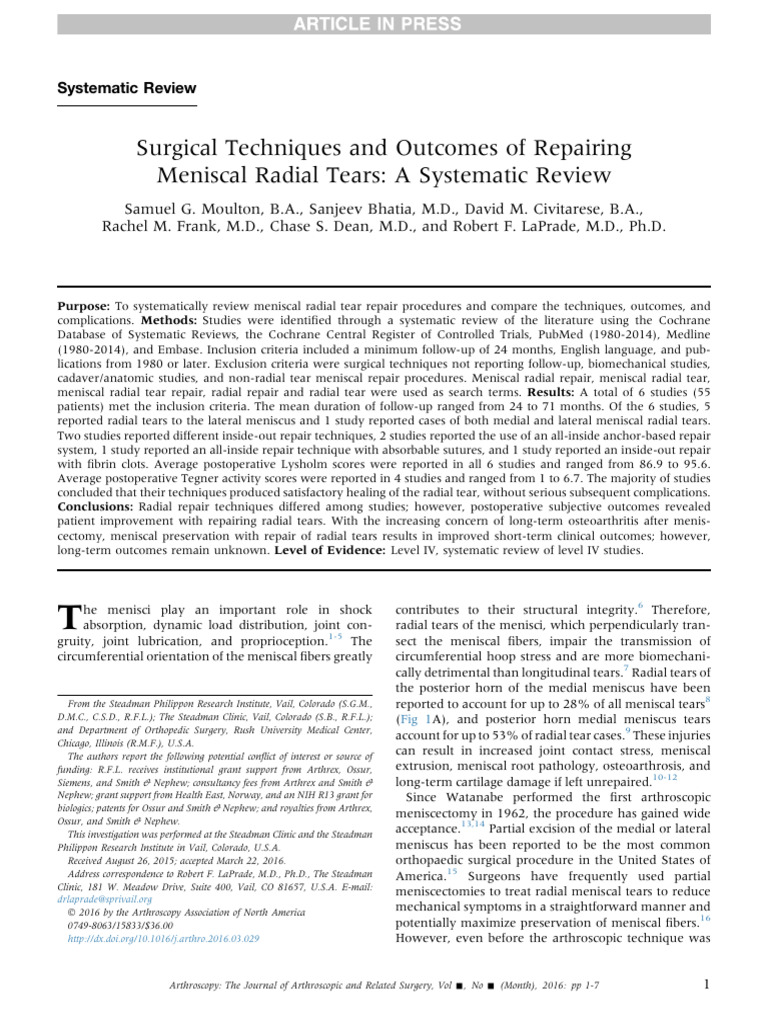 Surgical Techniques and Outcomes of Repairing Meniscal Radial Tears A ...