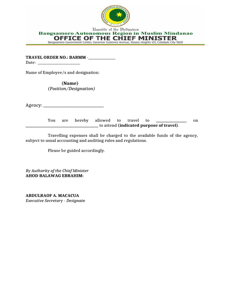 BARMM Travel Order Template | PDF
