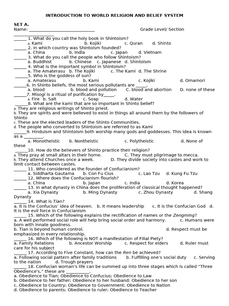 Assesment Set A Introduction To World Religion and Belief System | PDF ...