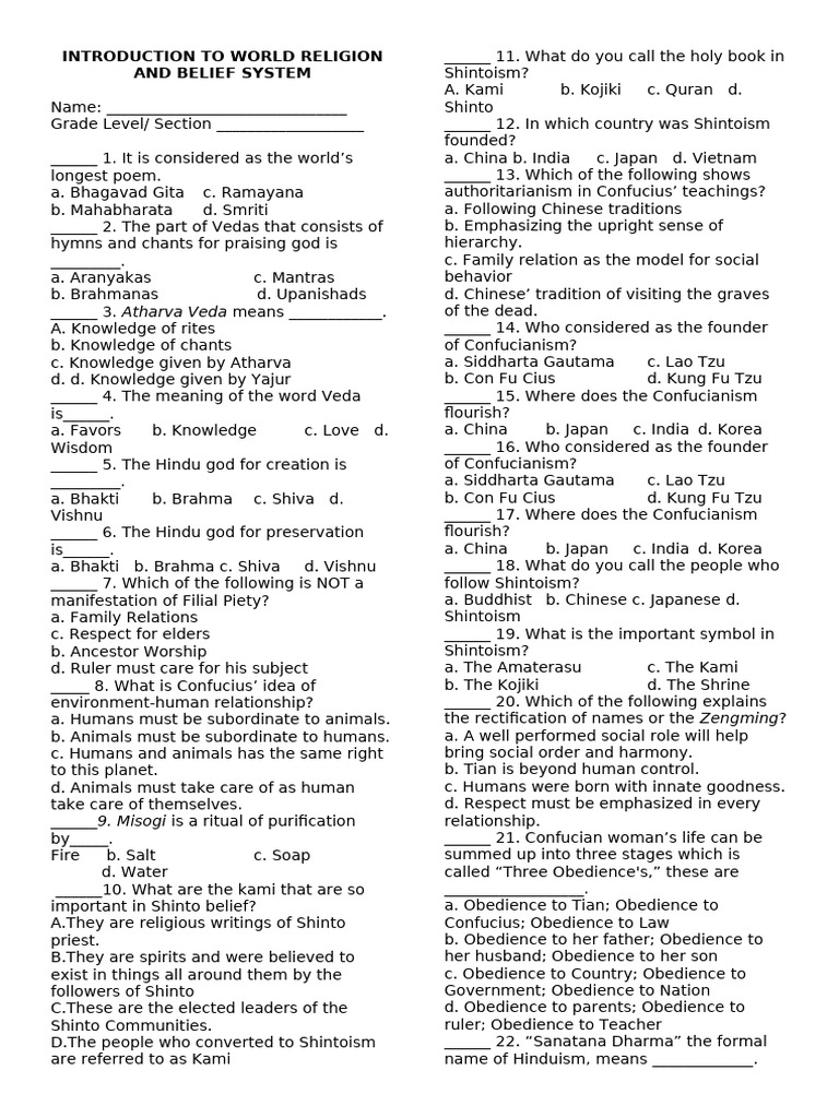 World Religions and Belief Systems Quiz | PDF | Vedas | Confucianism