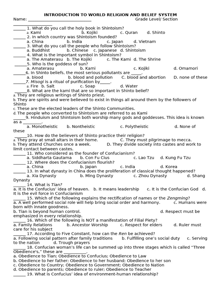 World Religion Quiz: Shintoism & Confucianism | PDF | Shinto | Confucianism