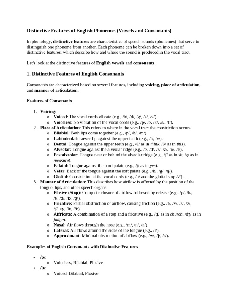 Distinctive Features of English Phonemes | PDF | Phonetics | Human Voice