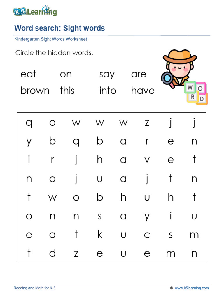 Kindergarten Sight Words Word Search | PDF