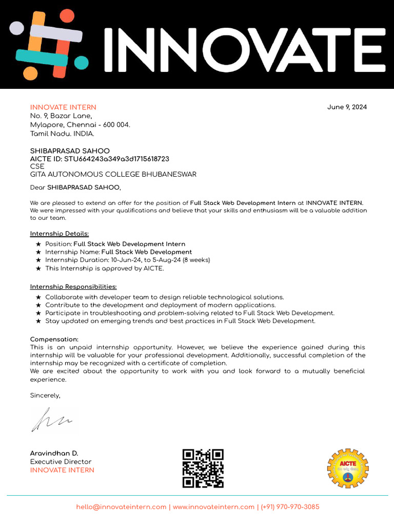 SHIBAPRASAD SAHOO - Full Stack Web Development - OFFER - LETTER | PDF