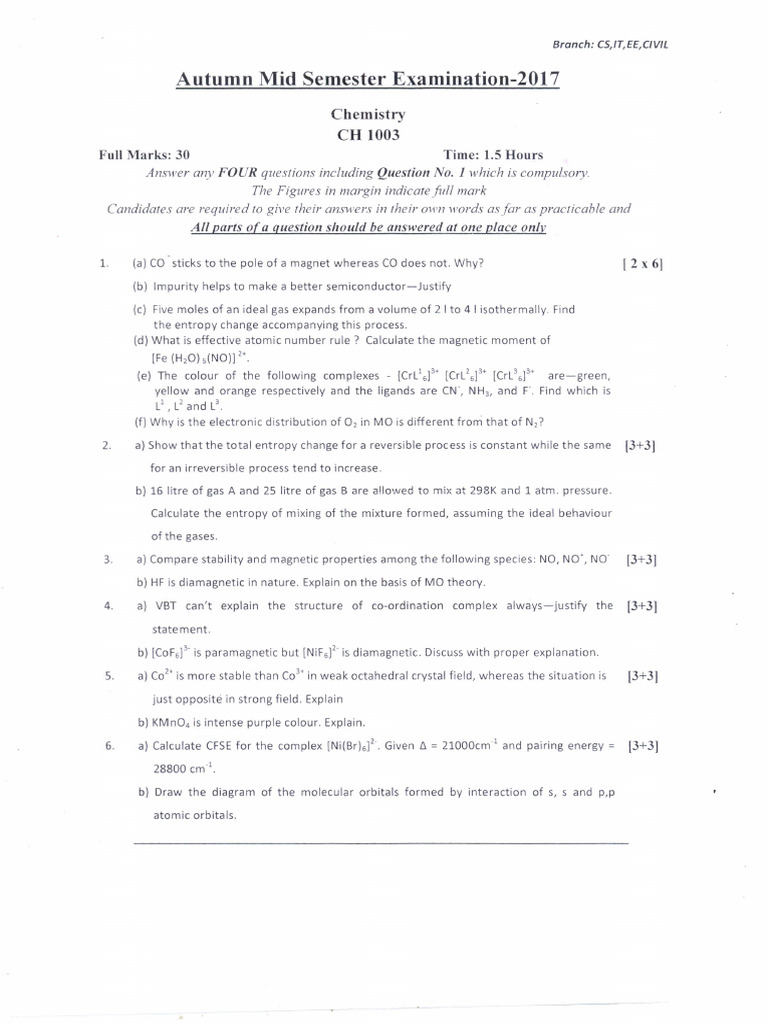 1st Mid Sem Chemistry CH-1003 2017 mid sem 1st sem | PDF