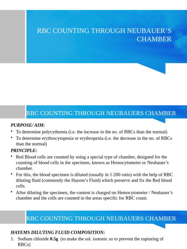 RBC Counting Using Neubauer's Chamber | PDF | Red Blood Cell | Blood