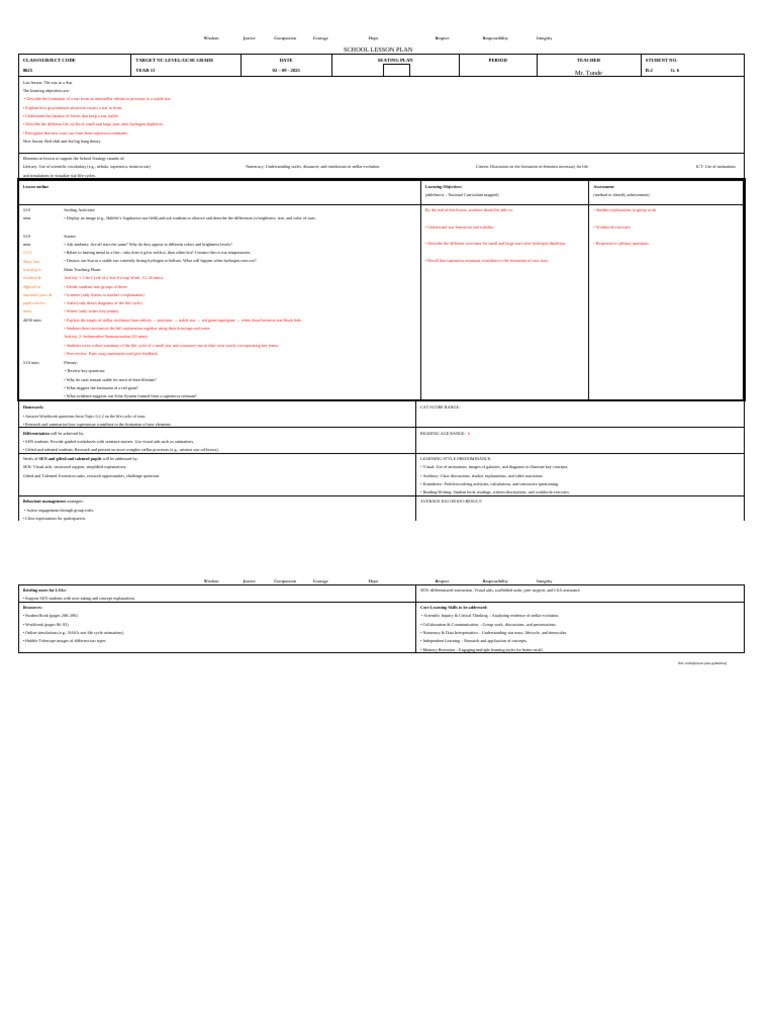 Year 11 Star Formation Lesson Plan | PDF | Stars | Supernova