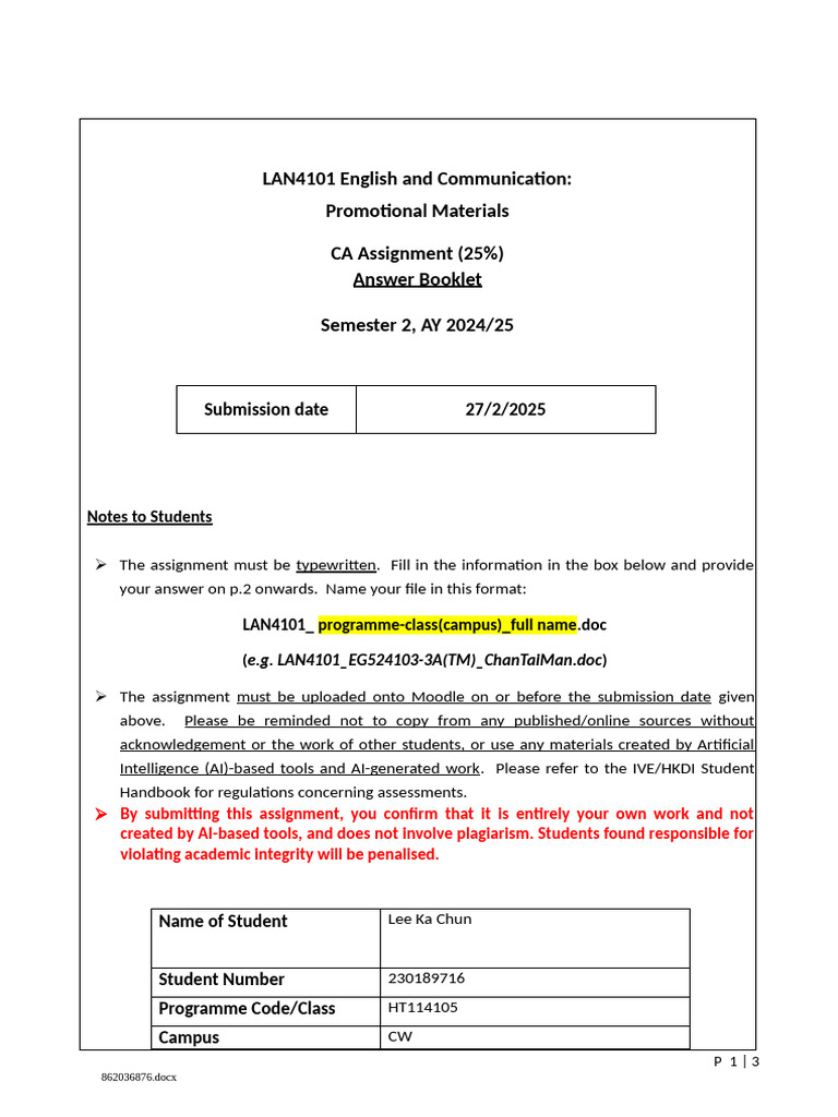 LAN4101 - CA Assignment - Answer Booklet (2425 - S2) | PDF